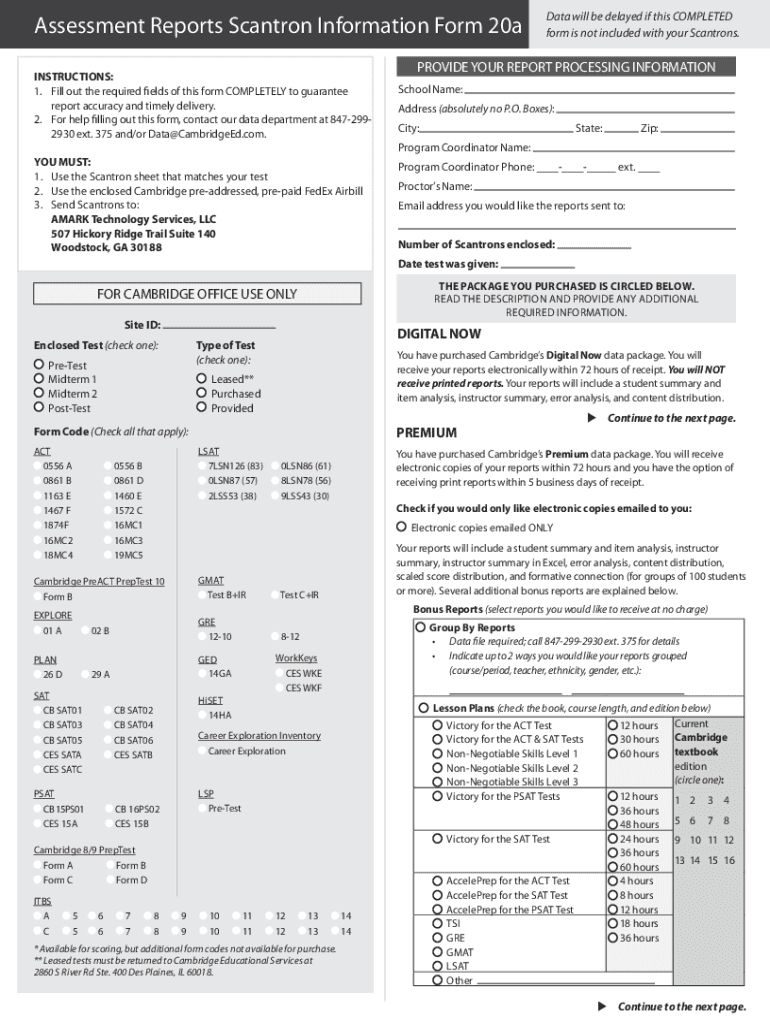 Fillable Online Assessment Reports Scantron Information Form 20a Fax ...