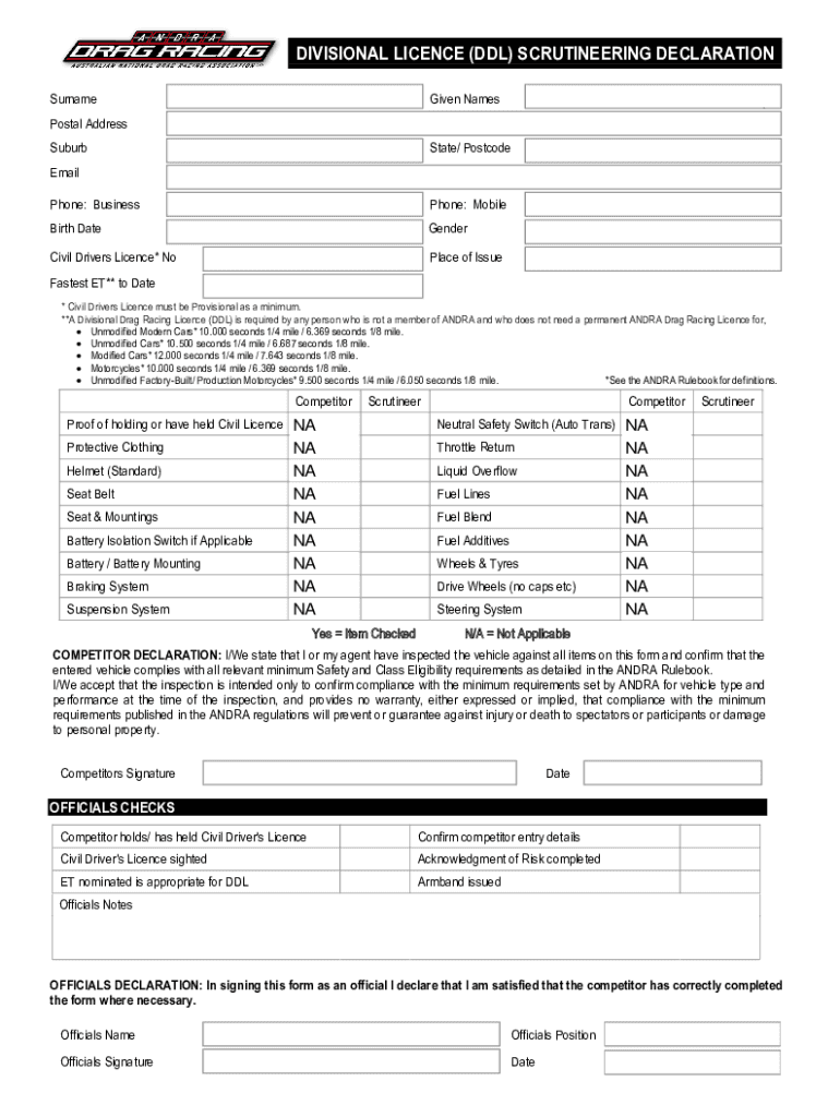 Fillable Online divisional licence (ddl) scrutineering declaration Fax Email Print - pdfFiller