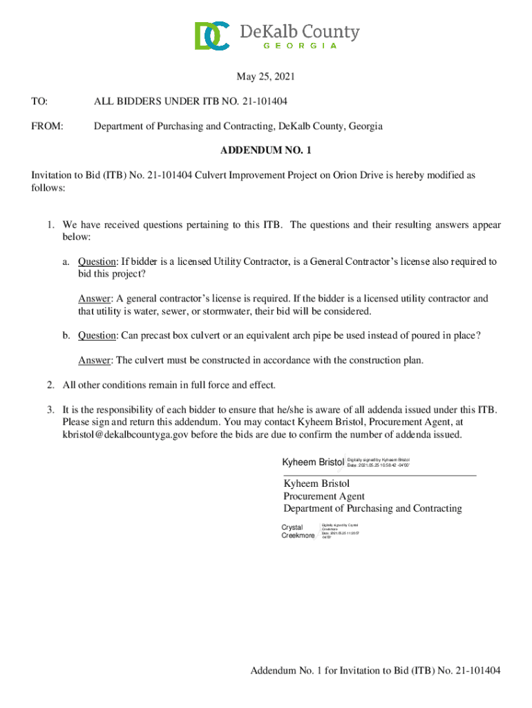 Fillable Online Addendum No. 1 for Invitation to Bid (ITB) No. 21-101404 Fax Email Print - pdfFiller