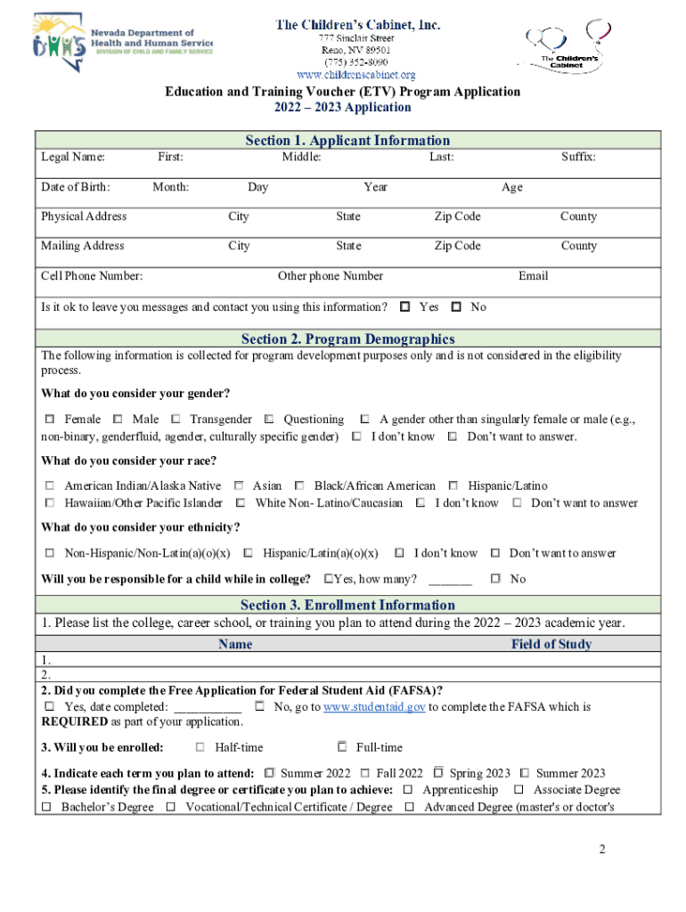 Fillable Online 2022-2023 ETV Application Children's Cabinet - NV-DCFS Fax Email Print - pdfFiller