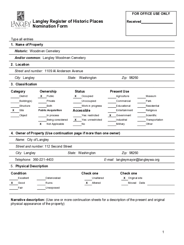 Fillable Online Langley Register of Historic Places Nomination Form Fax ...