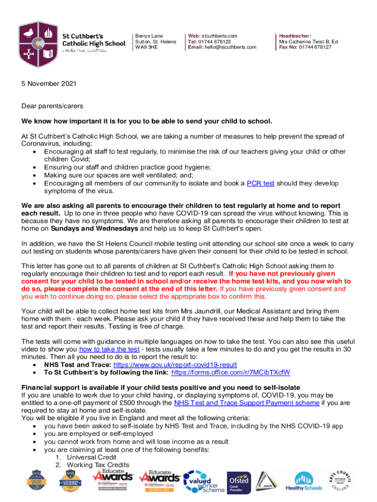 Fillable Online 5 November 2021 Dear parents/carers We know how ... Fax ...