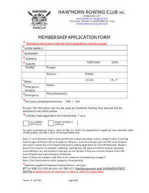 Fillable Online Membership Application Form - Hawthorn Rowing Club Fax ...