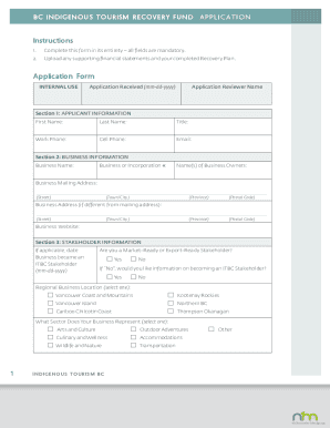 Fillable Online bc indigenous tourism recovery fund - application form ...