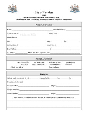 Fillable Online Seasonal Summer Recreation Program - The City of Camden ...