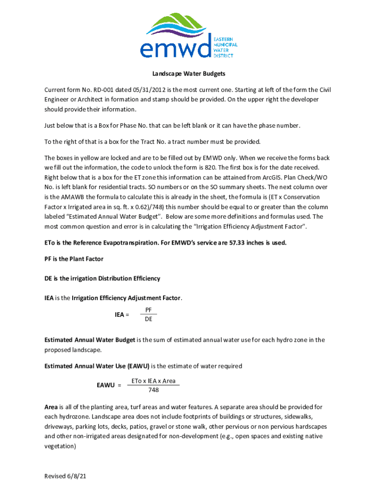 Fillable Online Revised 6/8/21 Landscape Water Budgets Current form No ...