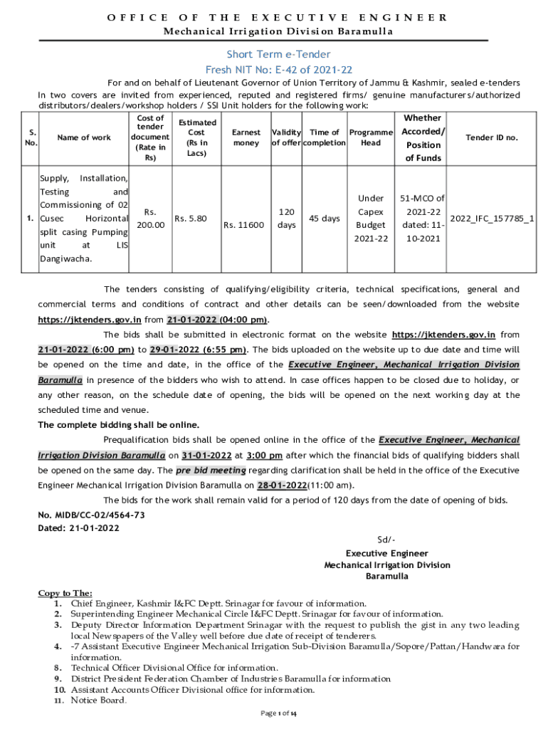 Fillable Online Short Term e-Tender NIT No: E-02 of 2021-22 ...