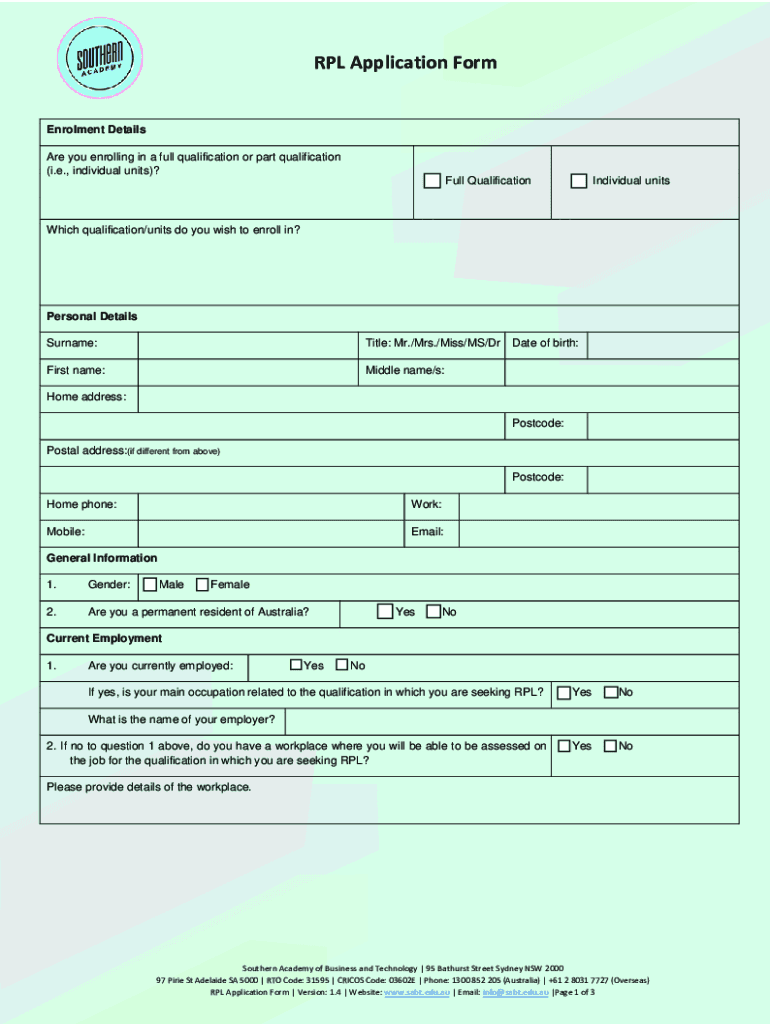 Fillable Online Recognition of Prior Learning (RPL) Pathway Application ...