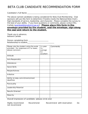 beta club candidate recommendation Doc Template | pdfFiller