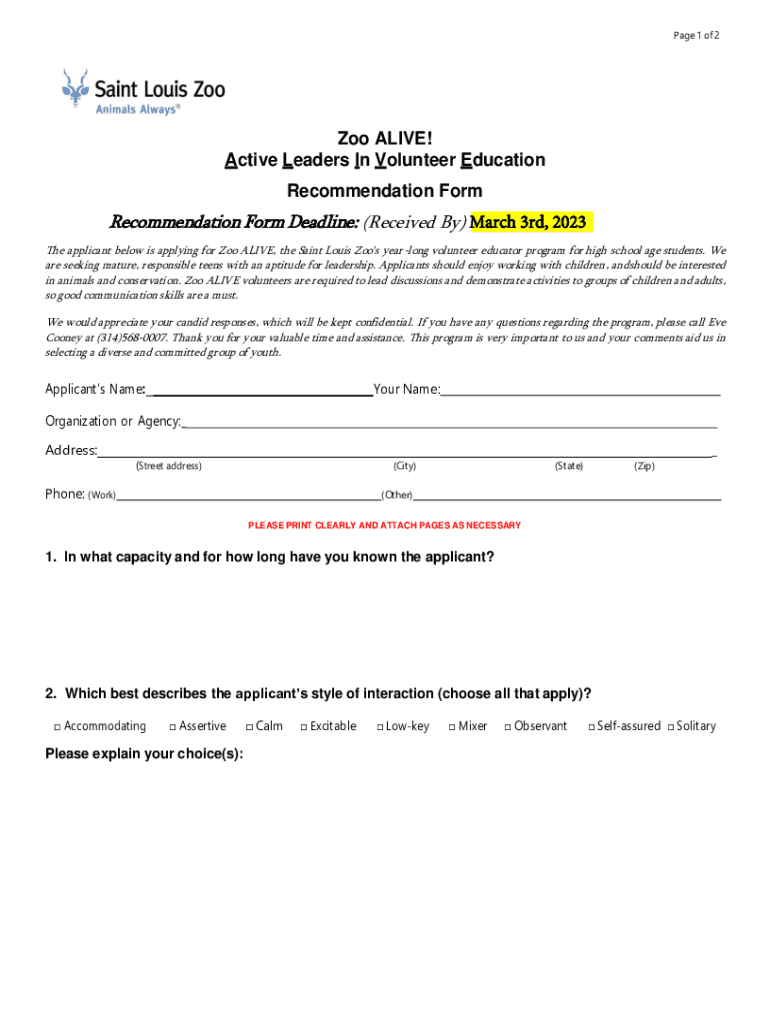 Fillable Online Zoo ALIVE Teen Volunteers - Saint Louis Zoo Fax Email Print - pdfFiller
