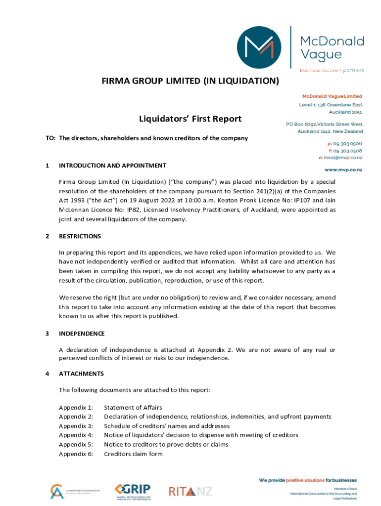 Fillable Online FIRMA GROUP LIMITED (IN LIQUIDATION) Liquidators' First Report Fax Email Print ...