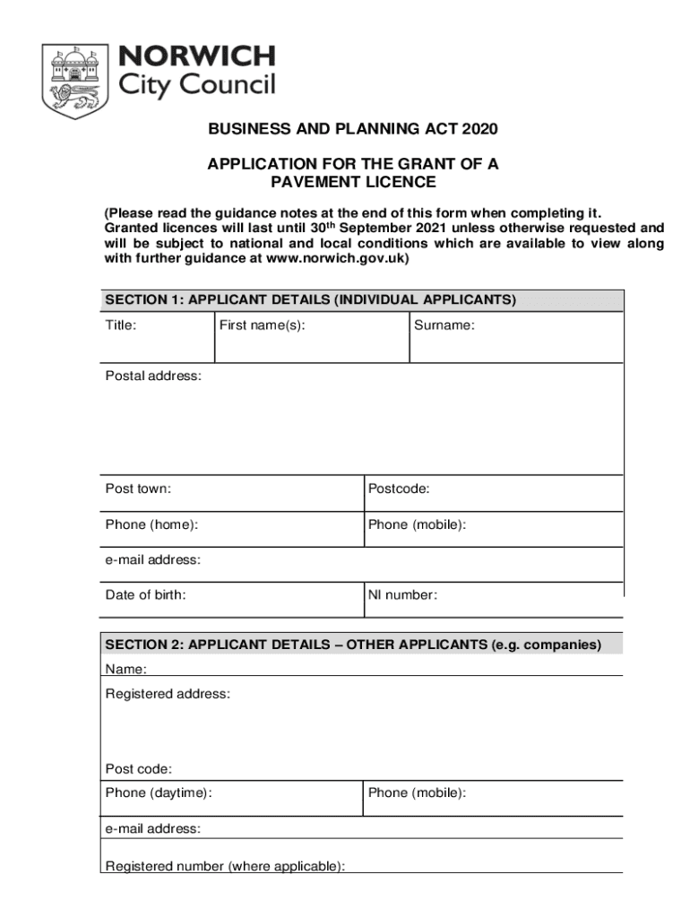 Fillable Online Pavement Licence application form. Form for the grant ...
