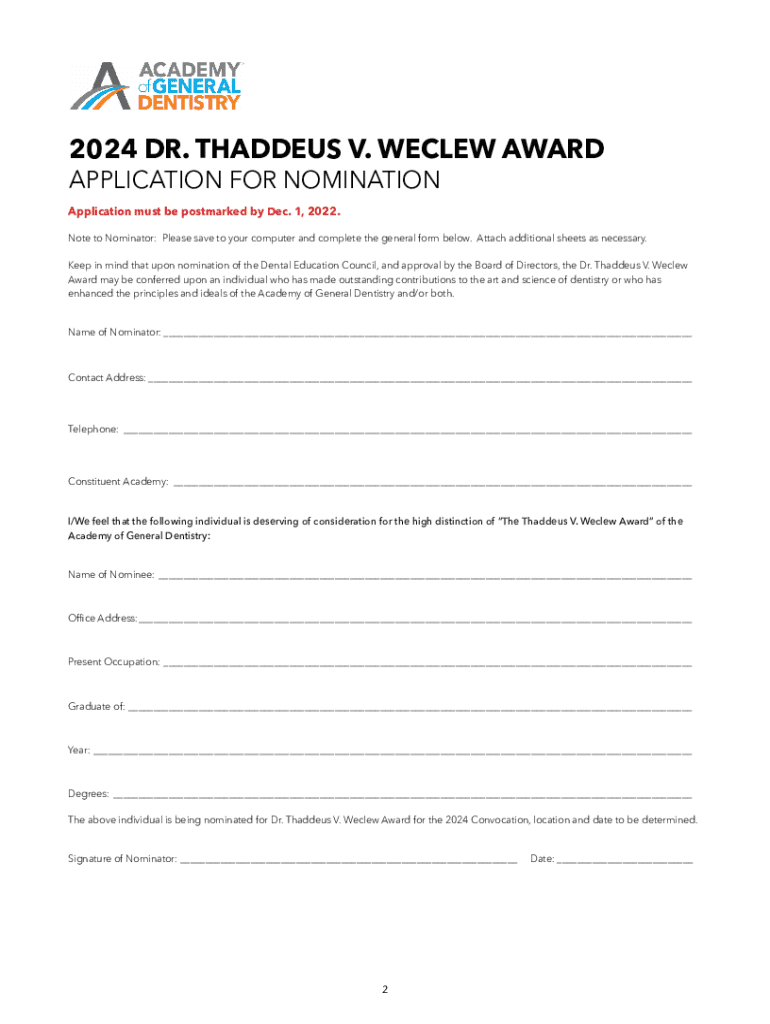 Fillable Online 2024 dr. thaddeus v. weclew award - guidelines for ...