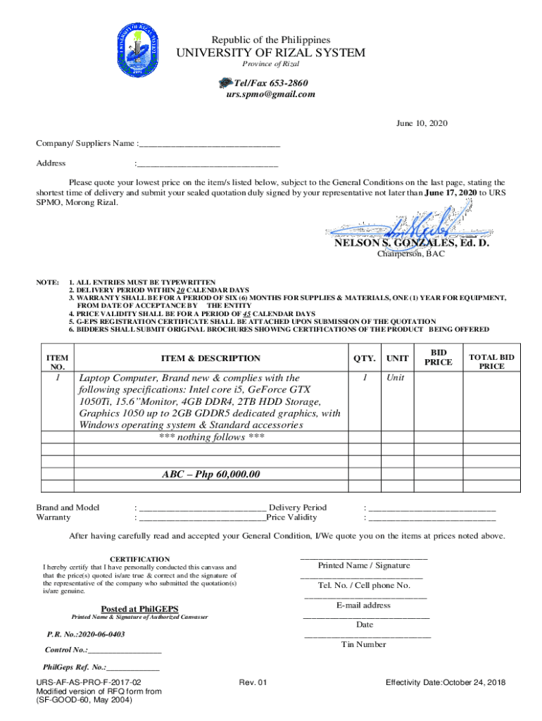 Fillable Online RFQ Laptop IPO 0403 - University of Rizal System Fax Email Print - pdfFiller