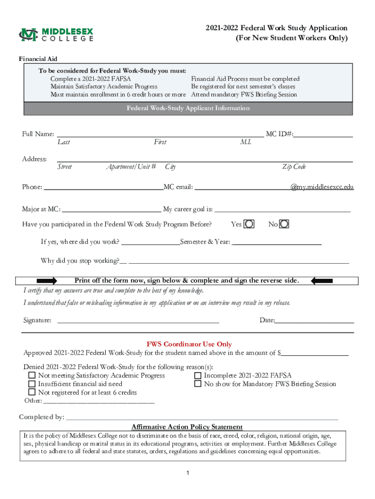 Fillable Online Summer Work-Study - Student Financial Services Fax Email Print - pdfFiller