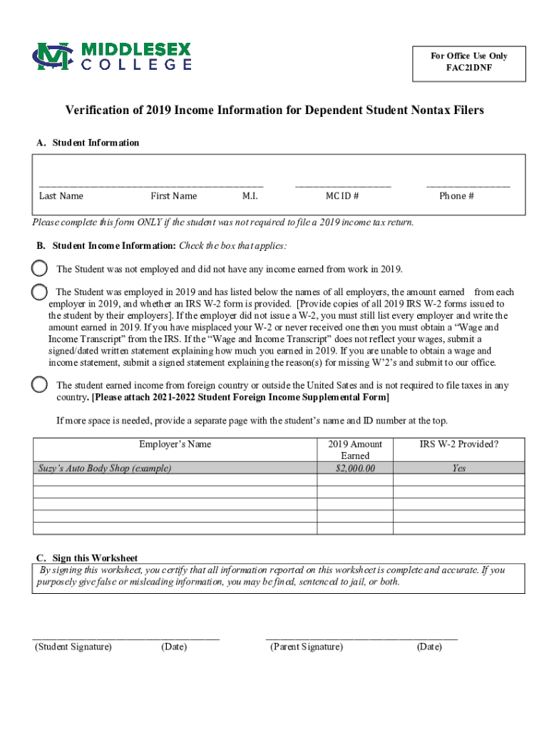 Fillable Online Verification of 2019 Income Information for Dependent ...