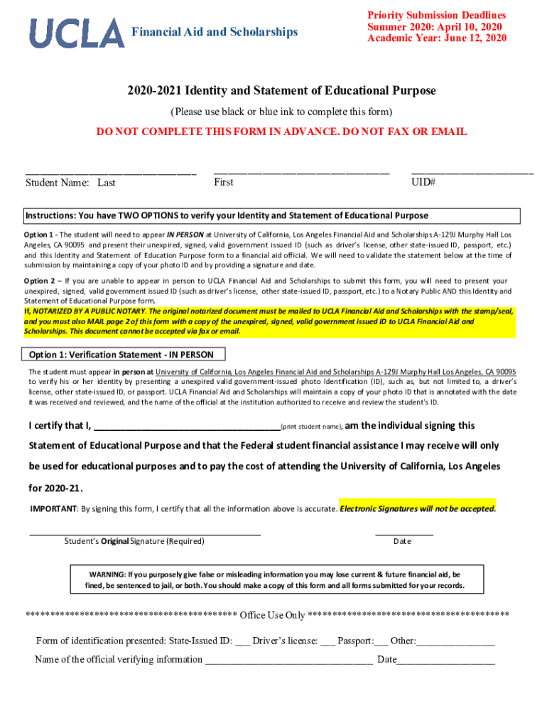 Fillable Online Financial Aid and Scholarships - 2020-2021 Identity and Statement ... Fax Email ...