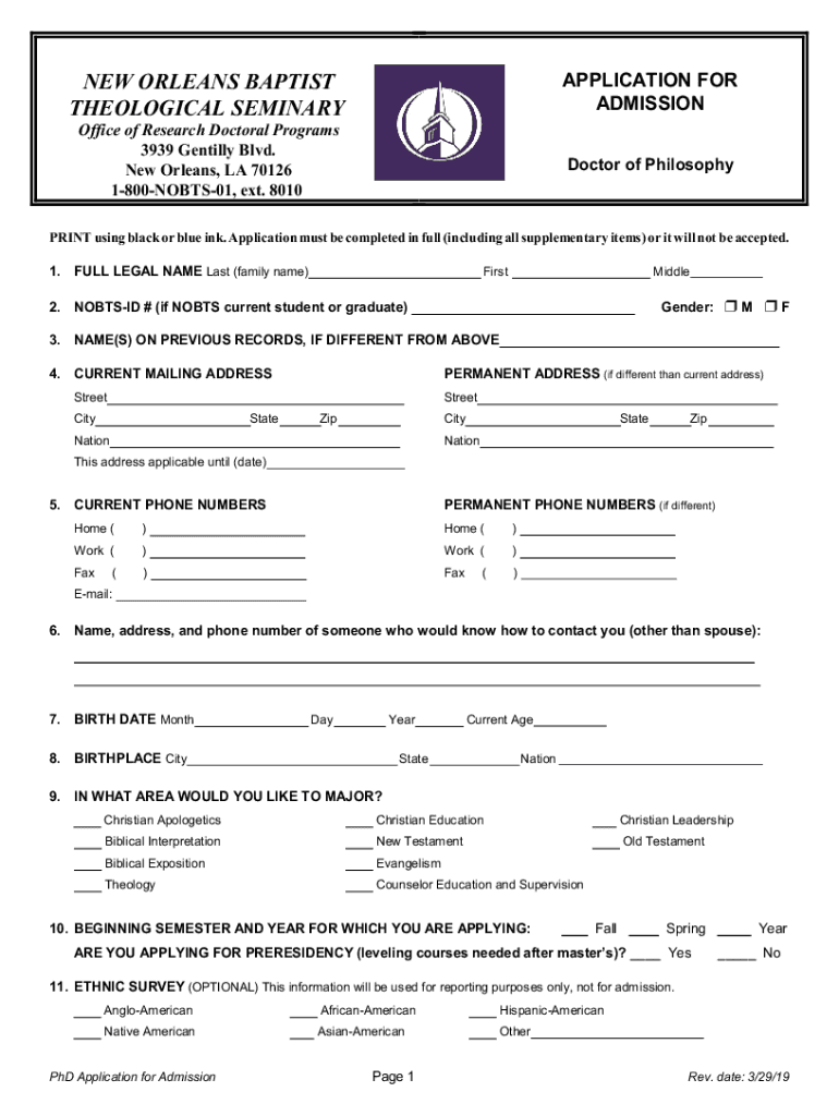 Fillable Online Application Forms - NOBTS Fax Email Print - pdfFiller