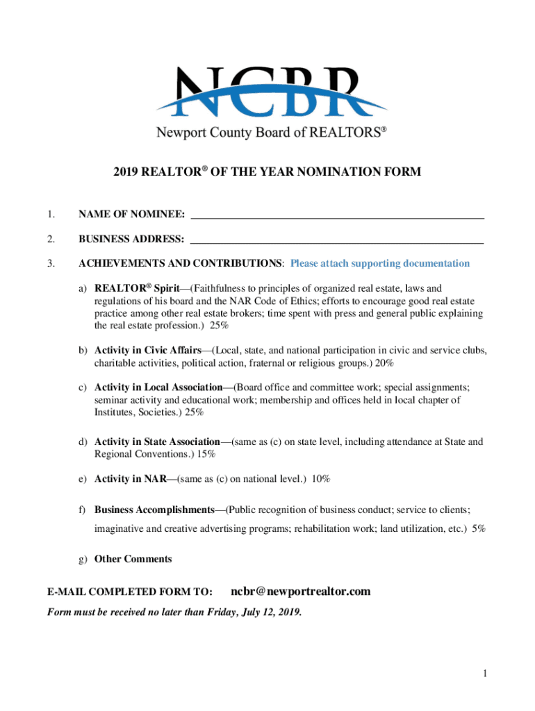 Fillable Online REALTOR OF THE YEAR NOMINATION FORM Fax Email Print ...