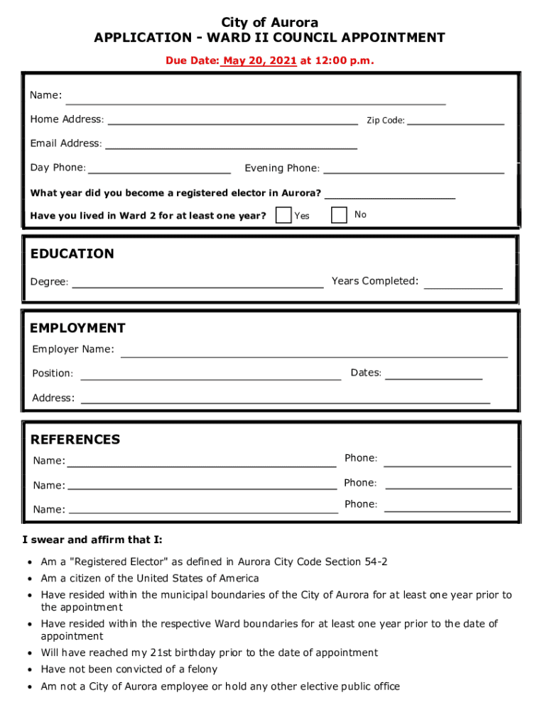 Fillable Online City of Aurora APPLICATION - WARD II COUNCIL ...