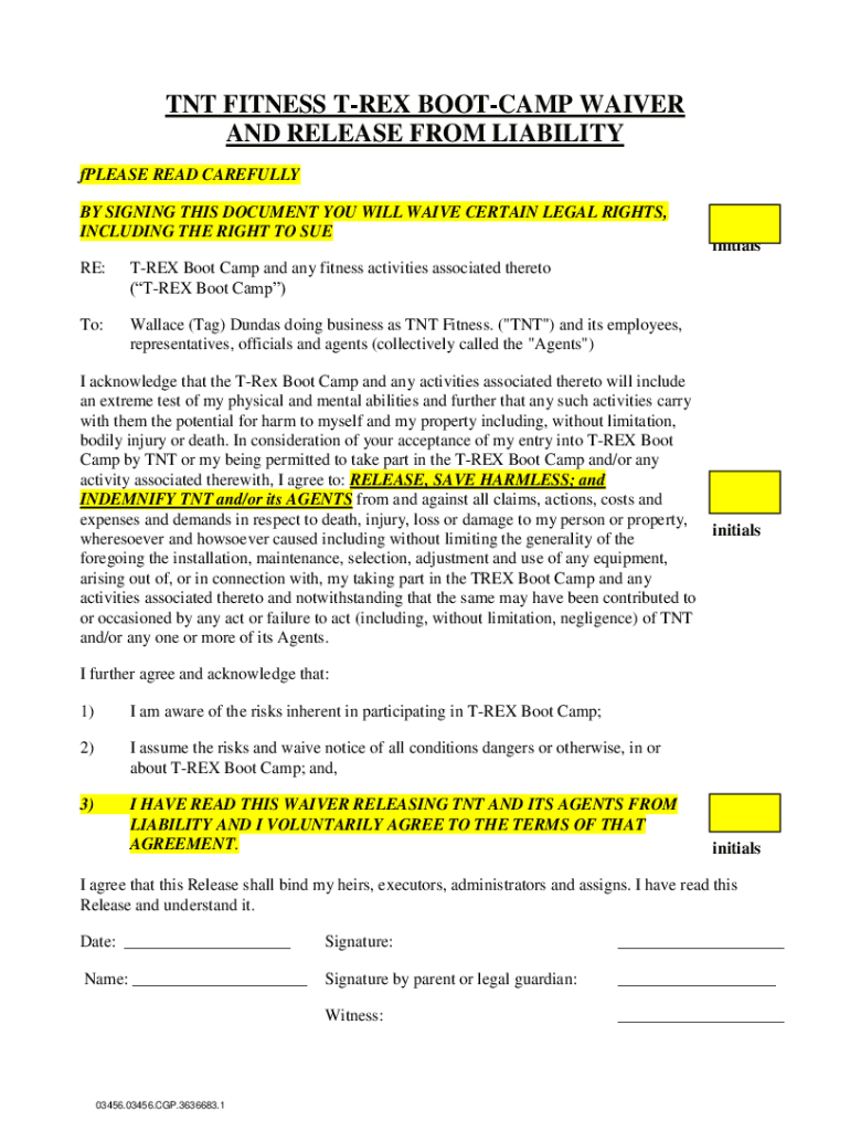 Fillable Online TNT FITNESS T-REX BOOT-CAMP WAIVER AND ... Fax Email Print - pdfFiller