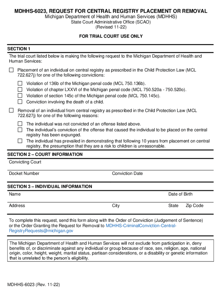 Fillable Online MDHHS-6023, Request for Central Registry Placement or Removal Fax Email Print ...