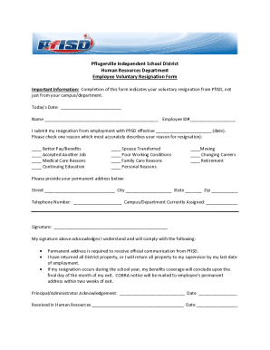 Fillable Online Employee Voluntary Resignation Form - Pflugerville ISD ...