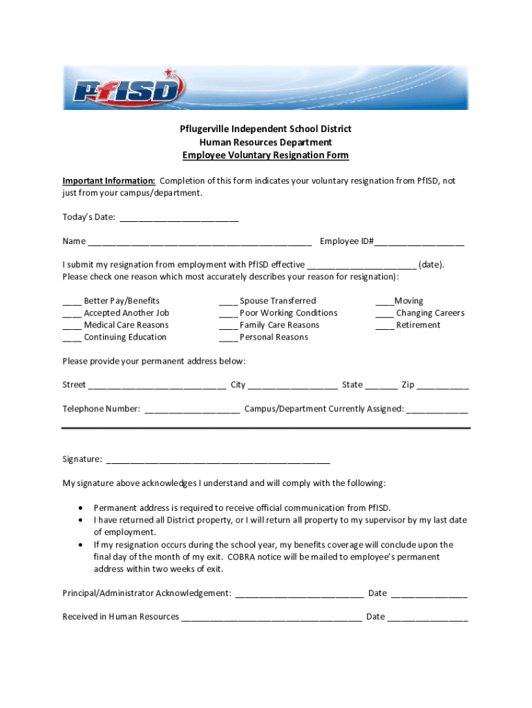 Fillable Online Employee Voluntary Resignation Form - Pflugerville ISD ...