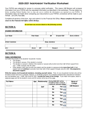Fillable Online 2020-2021 INDEPENDENT Verification Worksheet SECTION A Fax Email Print - pdfFiller