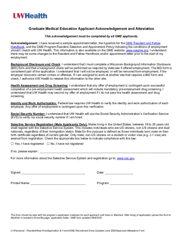 Fillable Online Graduate Medical Education Applicant Acknowledgement ...