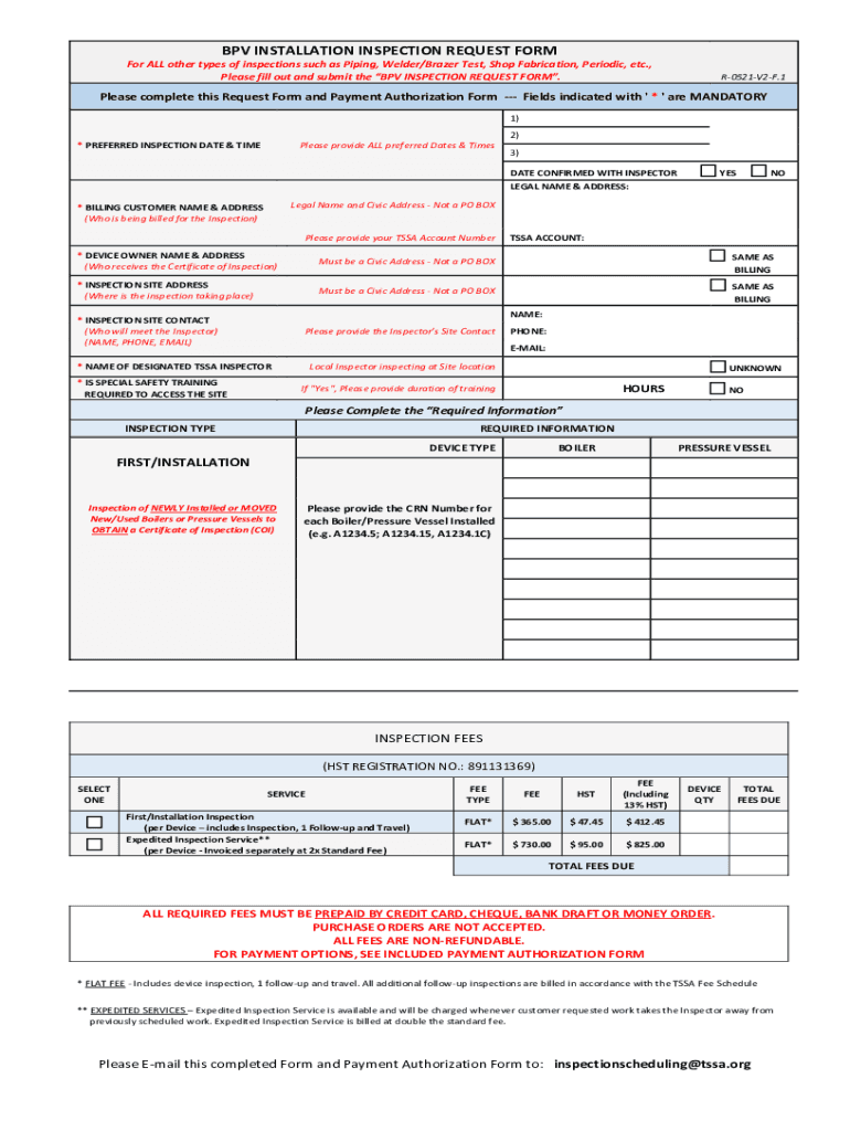 Fillable Online bpv installation inspection request form - TSSA Fax ...