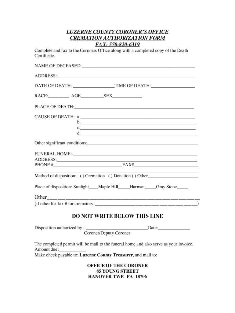 Fillable Online luzerne county coroner's office cremation authorization ...