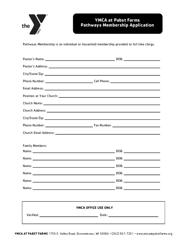 Fillable Online YMCA at Pabst Farms Pathways Membership Application Fax ...