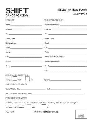 Fillable Online REGISTRATION FORM 2020/2021 - Shift Dance Academy Fax ...