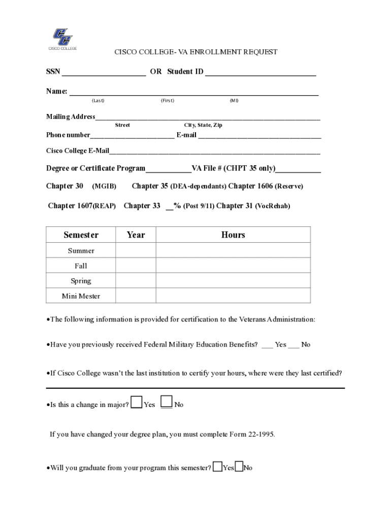 Fillable Online Cisco College VA Enrollment request Fax Email Print ...