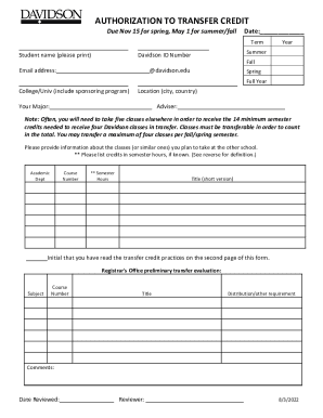 Fillable Online Transfer Credit Authorization Form - Education Abroad Fax Email Print - pdfFiller