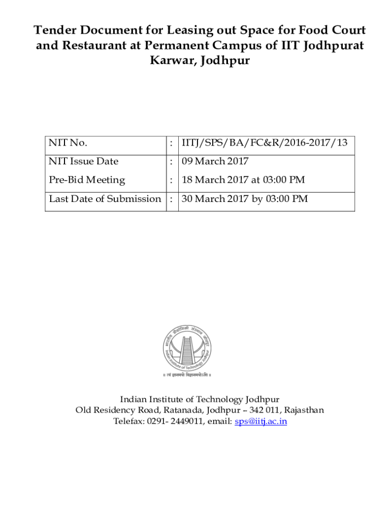 Fillable Online iitj ac Tender Document for Leasing out Space for Food ...