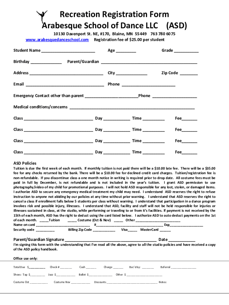 Fillable Online Recreation Registration Form Arabesque School of Dance ... Fax Email Print ...