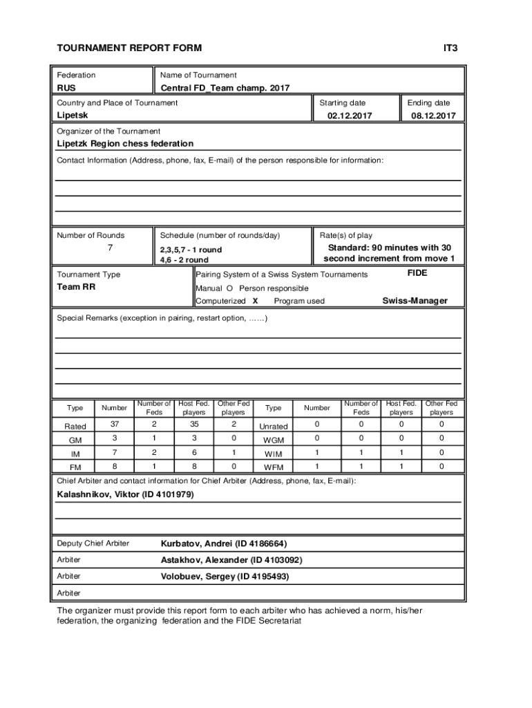 Fillable Online TOURNAMENT REPORT FORM IT3 - FIDE Ratings Fax Email ...