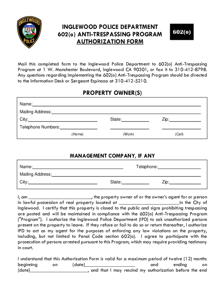 Fillable Online 602(o) Anti-Trespassing Program Authorization Form Fax ...