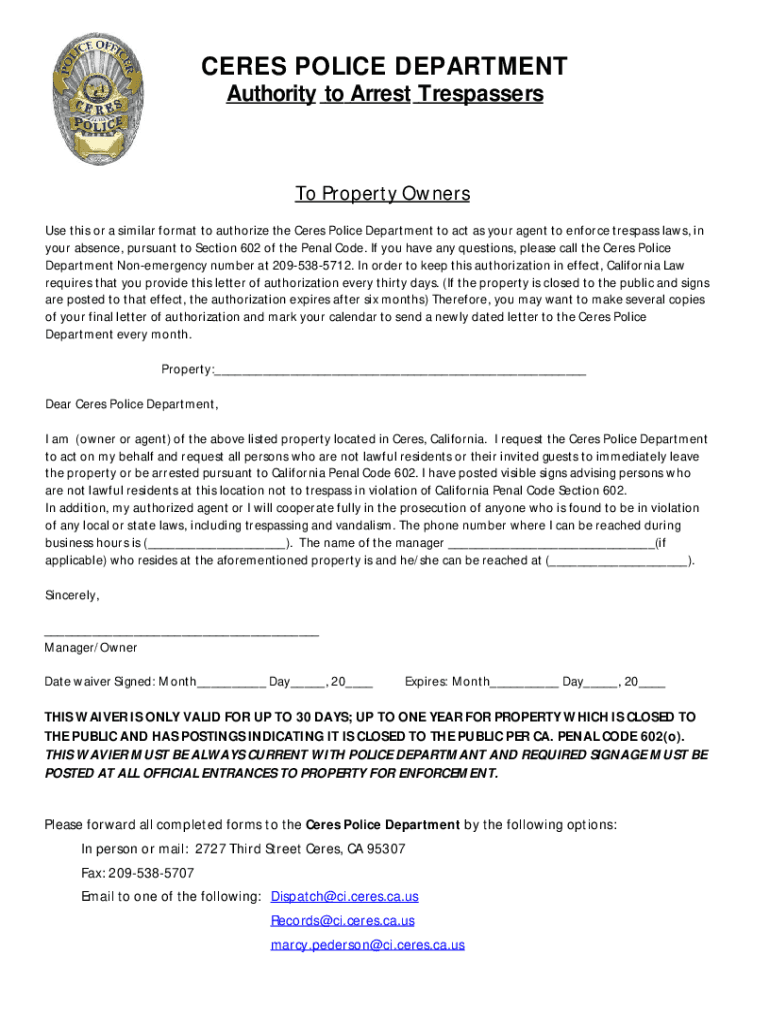 Fillable Online CERES POLICE DEPARTMENT - Authority to Arrest ...