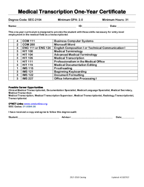 Fillable Online Medical Transcription One-Year Certificate Fax Email ...