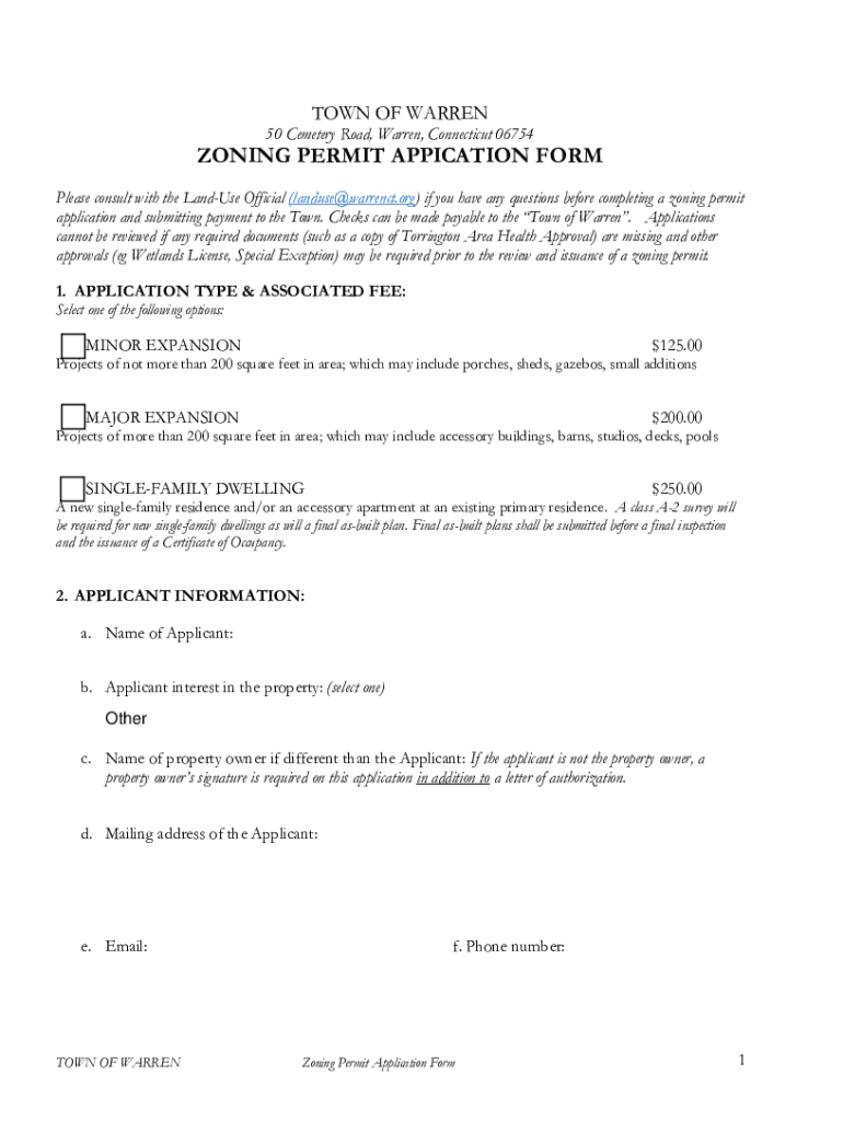 Fillable Online ZONING PERMIT APPICATION FORM - Town of Warren CT Fax ...