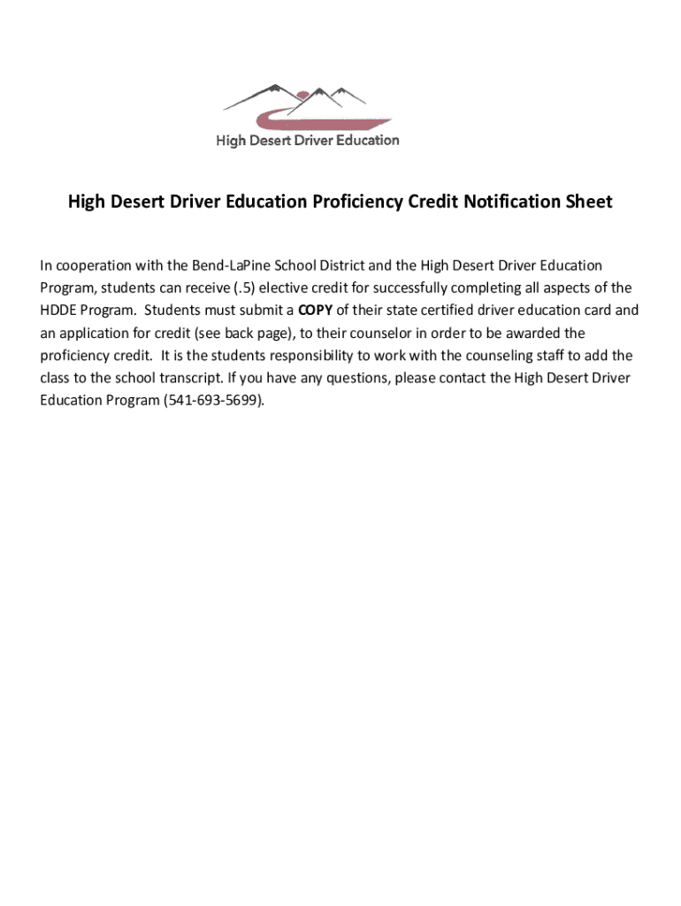 Fillable Online High Desert Driver Education Proficiency Credit ...