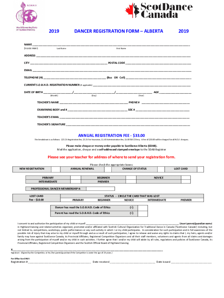 Fillable Online 2019 Dancer Registration Form - SDAB.doc Fax Email ...