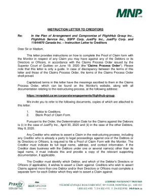 Fillable Online Instruction Letter to Creditors - Claim Process - MNP ...