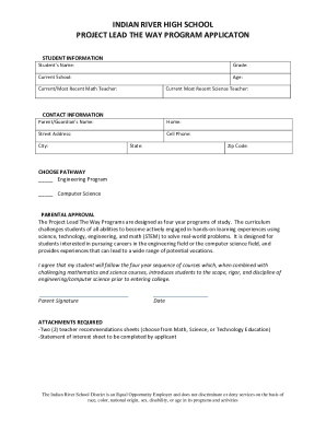 Fillable Online INDIAN RIVER HIGH SCHOOL PROJECT LEAD THE WAY ... Fax Email Print - pdfFiller