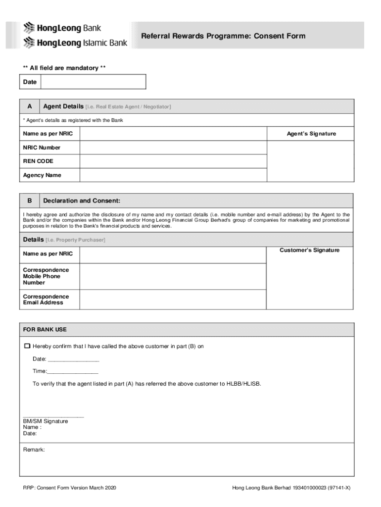 Fillable Online Referral Rewards Program: Consent Form - Hong Leong Bank Fax Email Print - pdfFiller