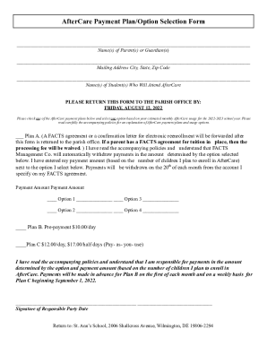 Fillable Online Aftercare Payment Plan/Option Selection Form Fax Email ...