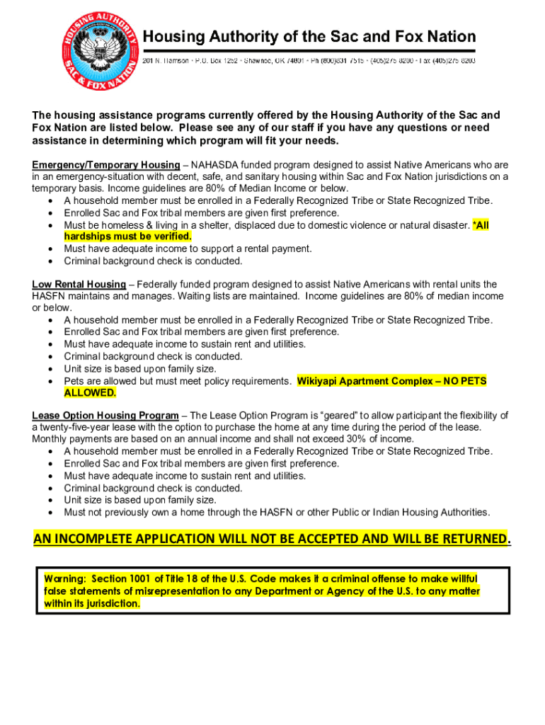 Fillable Online Housing Program Application - Sac and Fox Housing Fax Email Print - pdfFiller